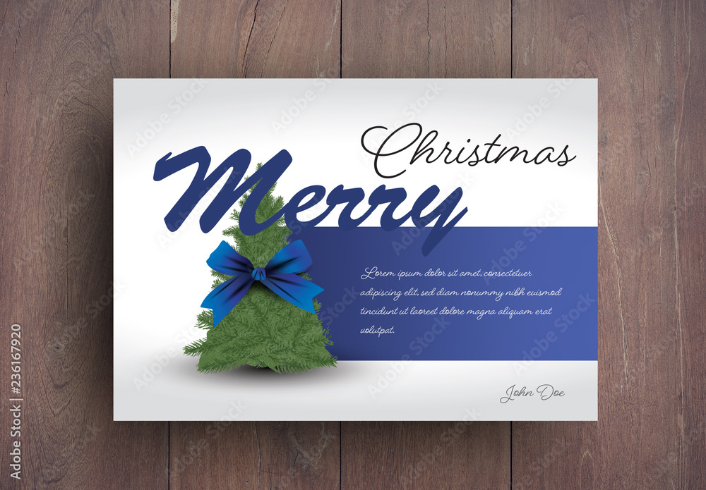 Christmas Card Layout with Bow and Blue Accents Stock Template | Adobe ...