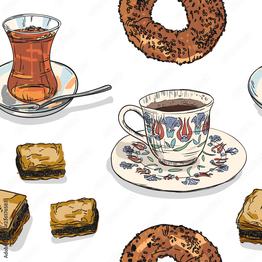 Drawing seamless background national turkish food with coffee, tea cup ...