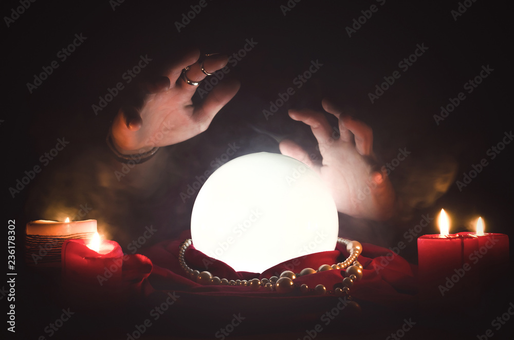 Crystal ball on the magic table background. Future reading. Stock Photo ...