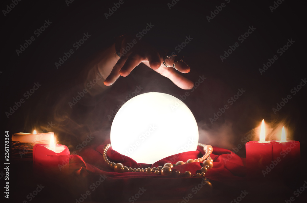 Crystal ball on the magic table background. Future reading. Stock Photo ...
