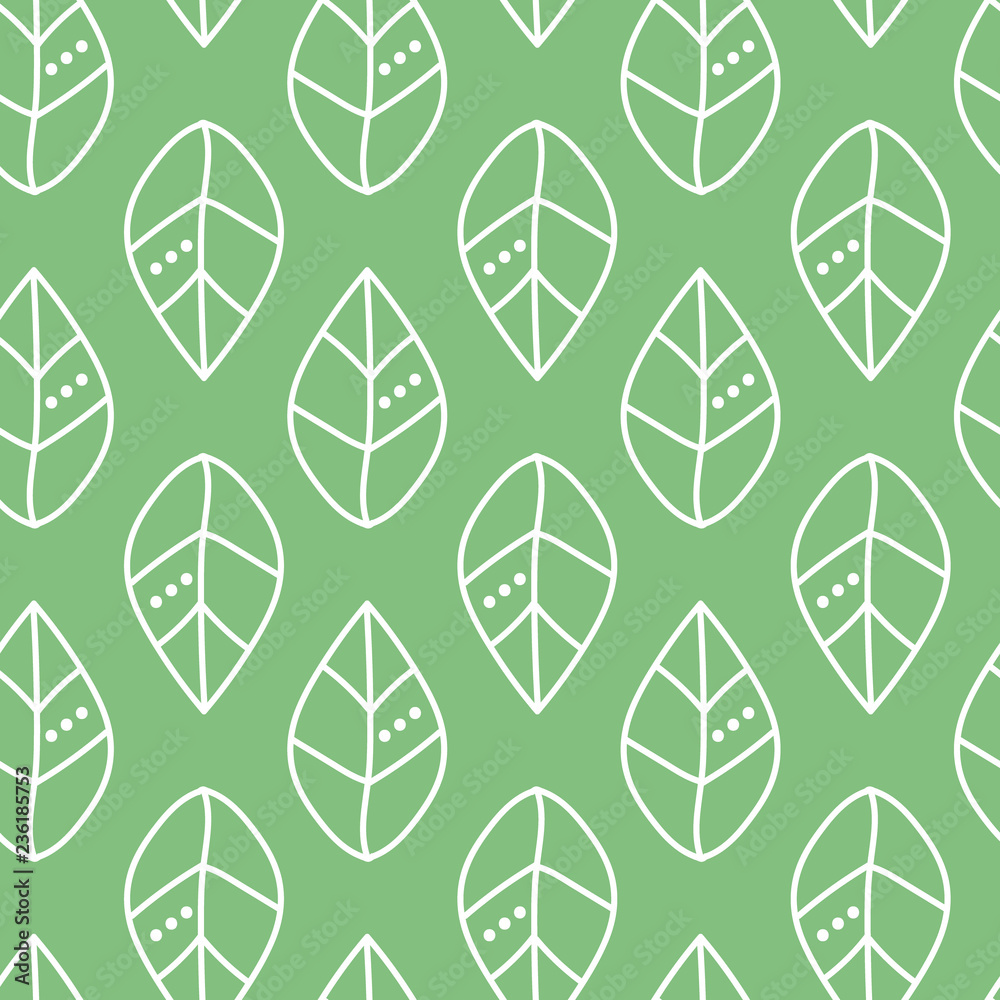 Seamless vector outline leaves pattern on green backdrop. Design for ...