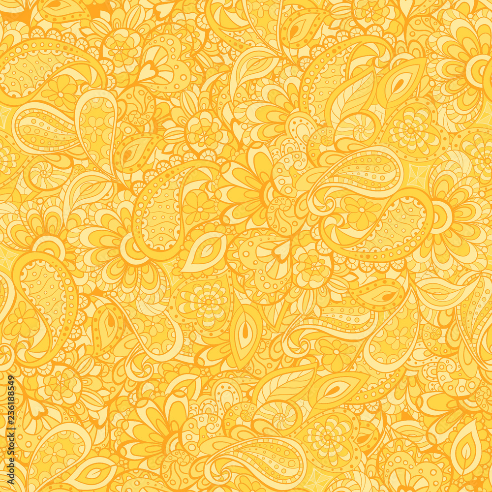Indian oriental doodle seamless pattern ornament gold color.Usage as ...