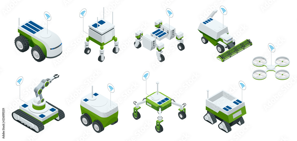 Isometric set of iot smart industry robot 4.0, robots in agriculture ...