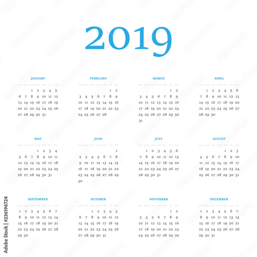 Vector calendar - Year 2019. Week starts from Sunday. Simple flat ...