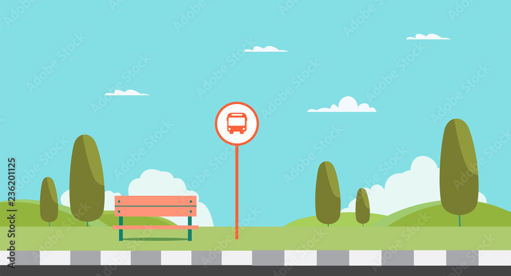 Bus stop of main street city. Bus stop. signs and icons in flat design ...