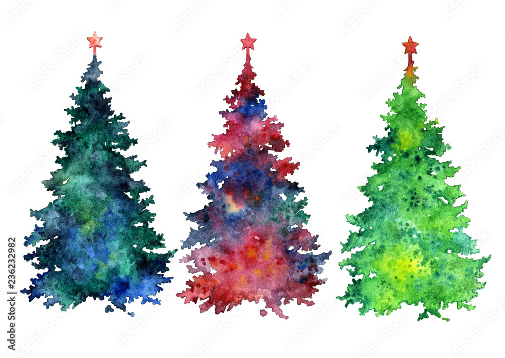 Christmas tree, collection of elements for creativity, watercolor ...