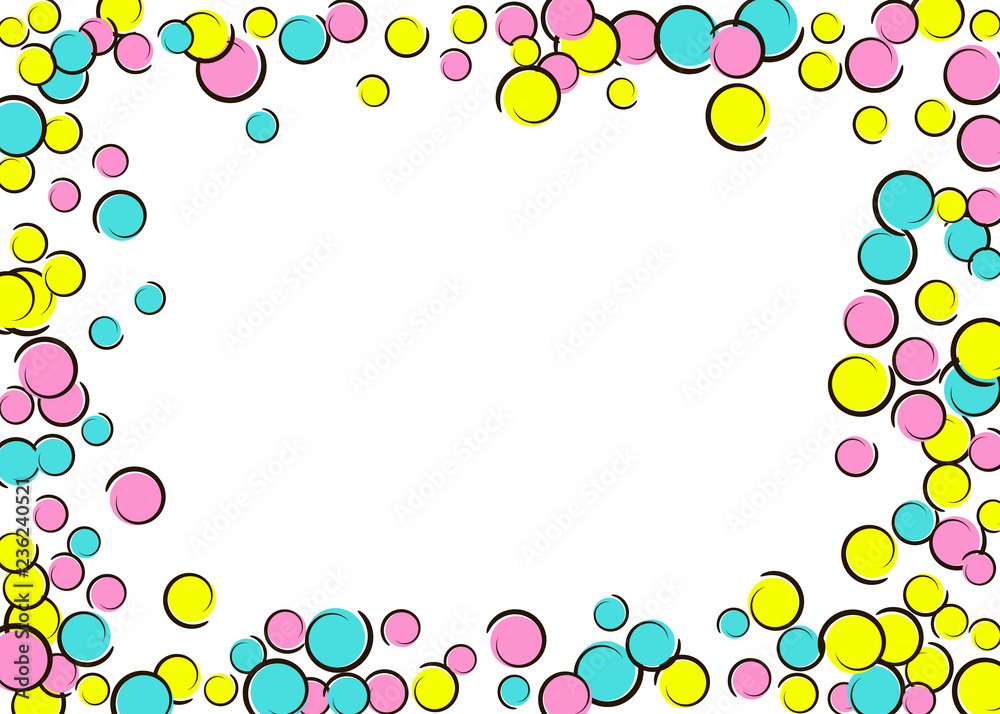 Pop art border with comic polka dot confetti. Big colored spots ...