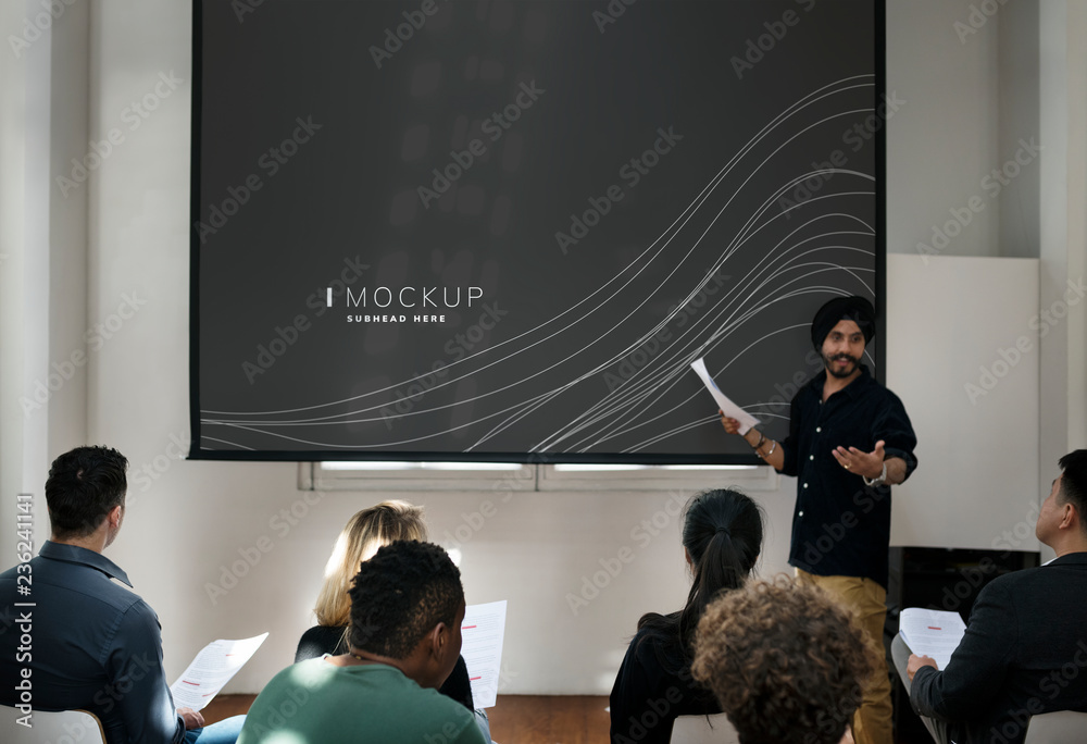 Student doing a presentation using a projector screen mockup Stock ...