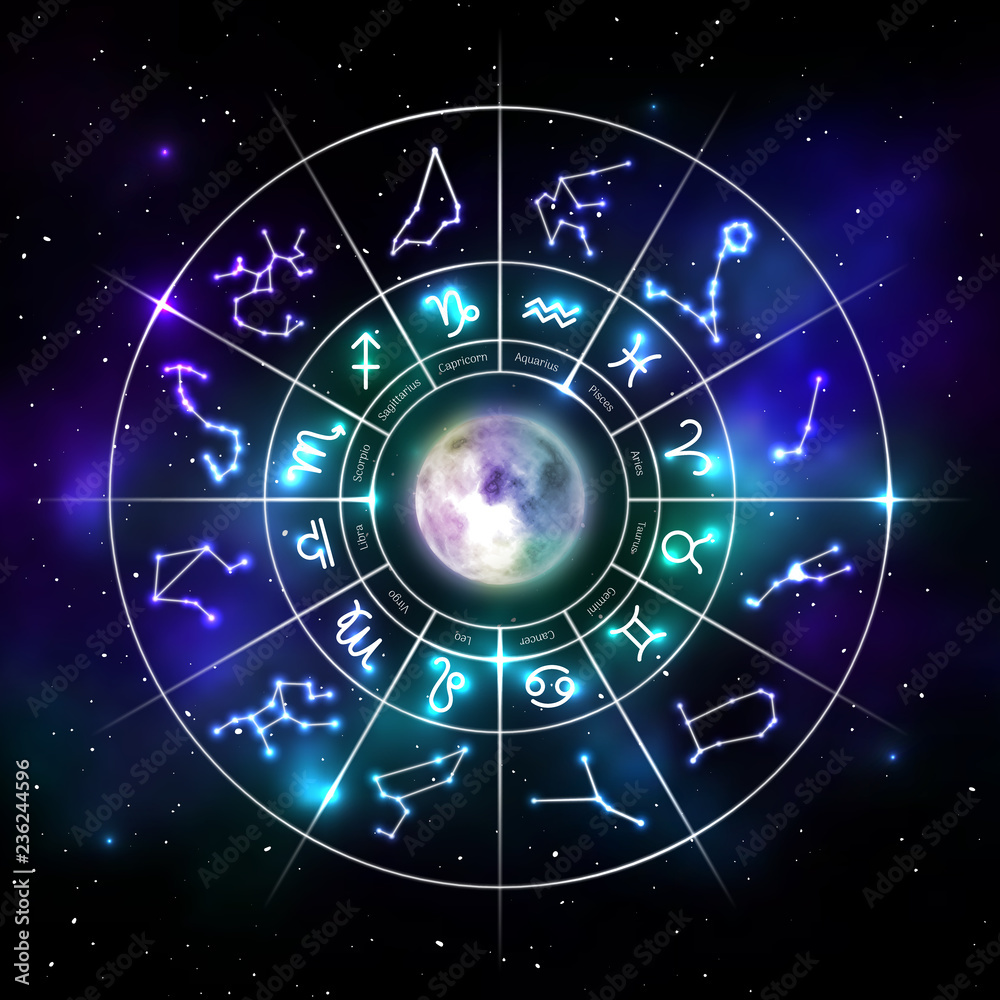 Zodiac circle with astrology symbols with realistic moon ...