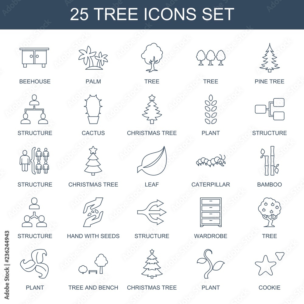 tree icons. Set of 25 line tree icons included beehouse, palm, pine ...