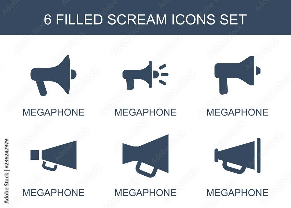 scream icons. Set of 6 filled scream icons included megaphone on white ...