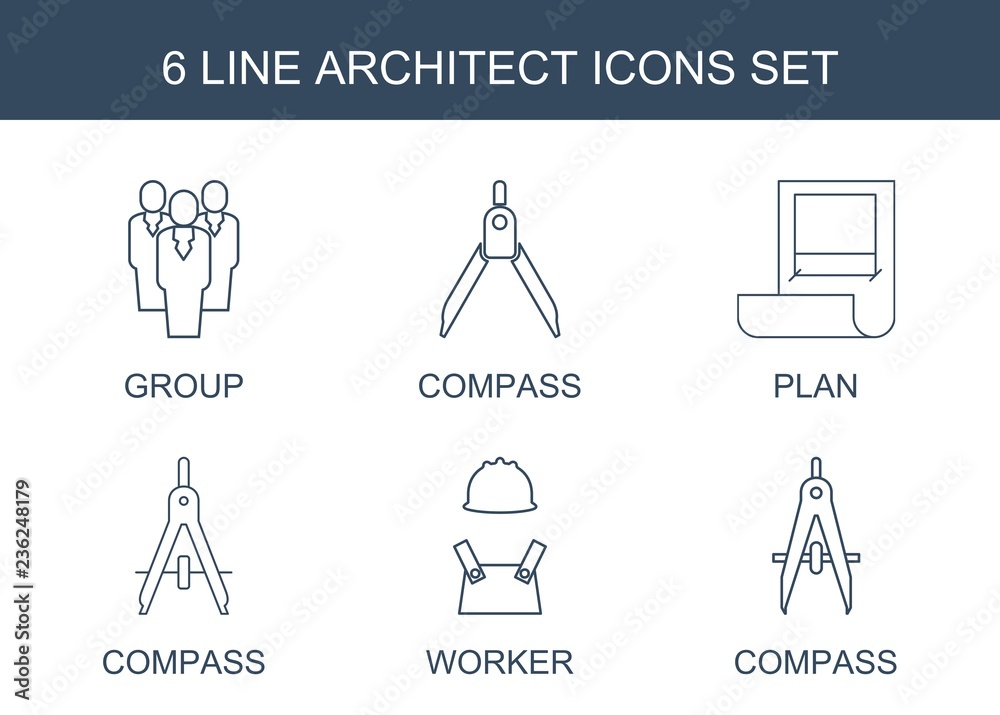 architect icons. Set of 6 line architect icons included group, compass ...