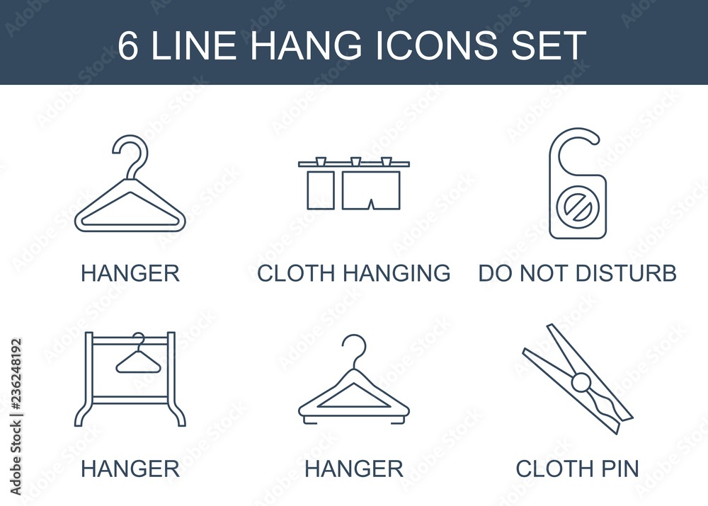 hang icons. Set of 6 line hang icons included hanger, cloth hanging, do ...