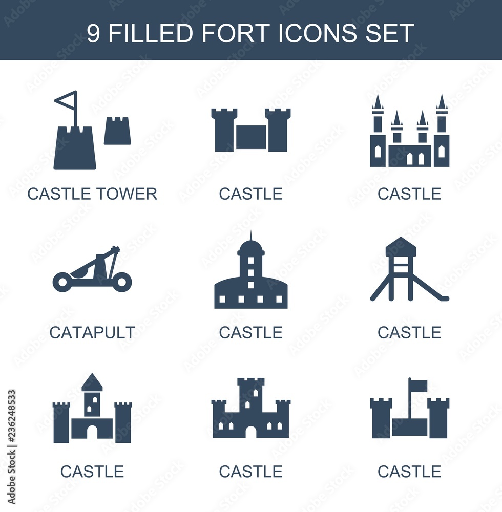 fort icons. Set of 9 filled fort icons included castle tower, castle ...