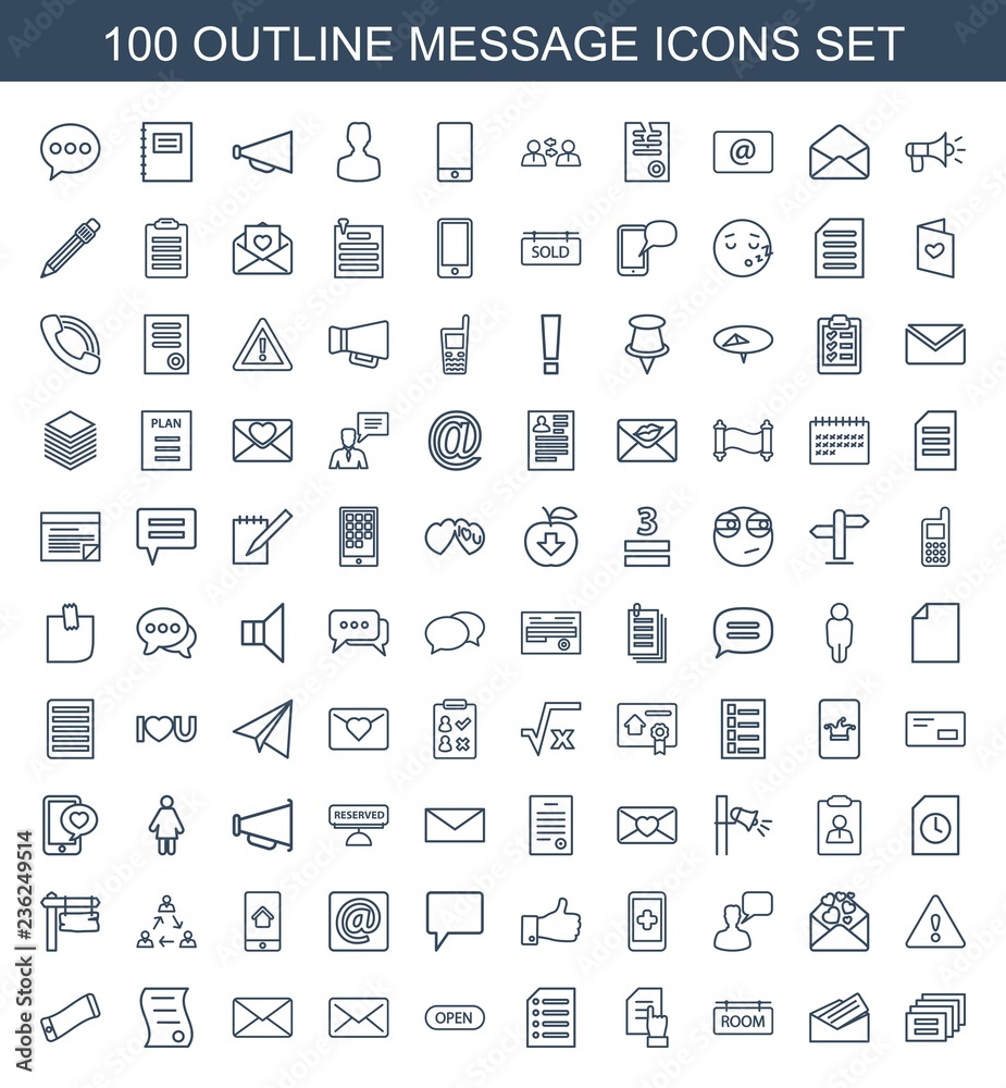 message icons. Set of 100 outline message icons included letter, room ...