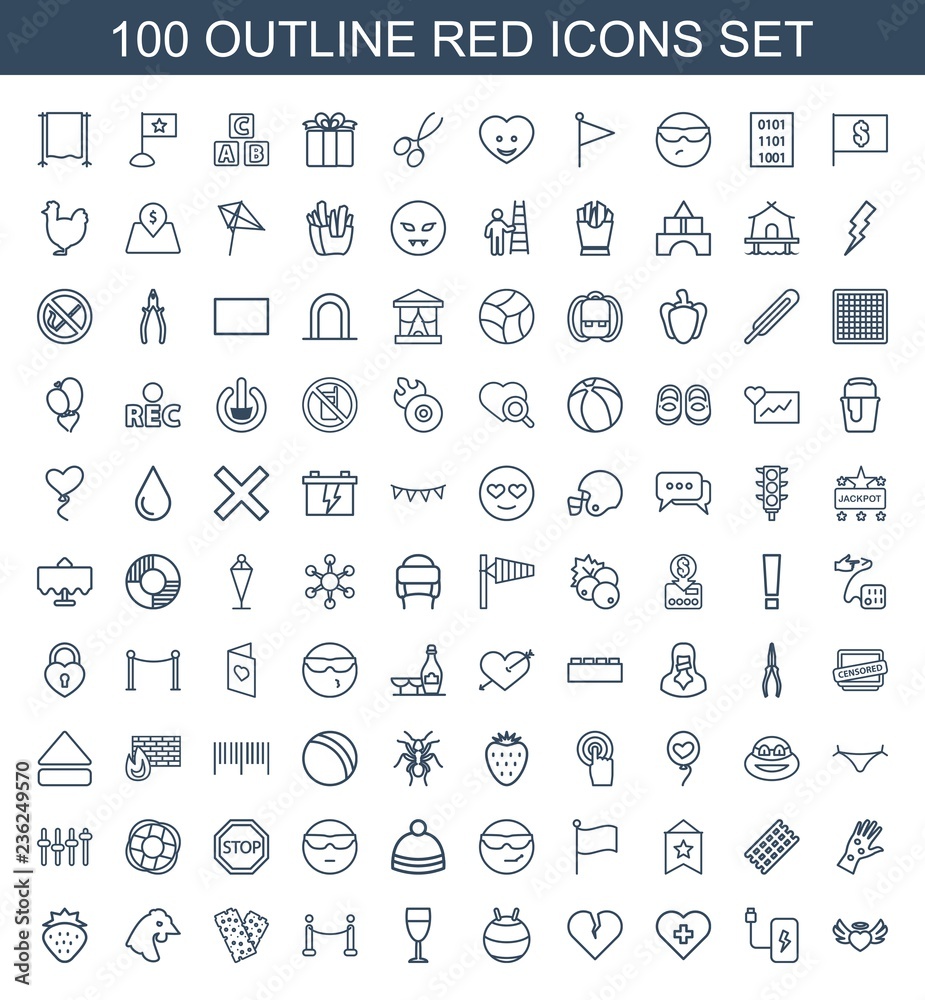 red icons. Set of 100 outline red icons included heart angel wings ...