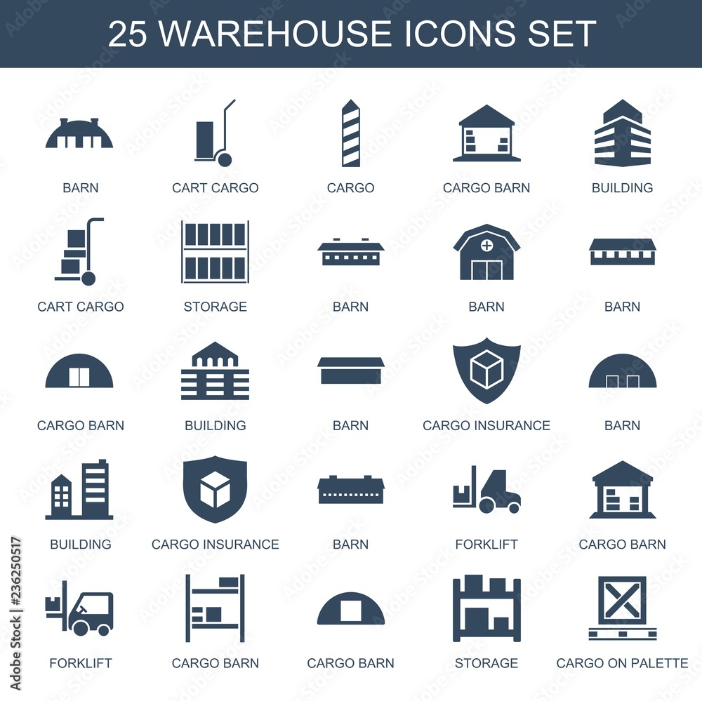 warehouse icons. Set of 25 filled warehouse icons included barn, cart ...