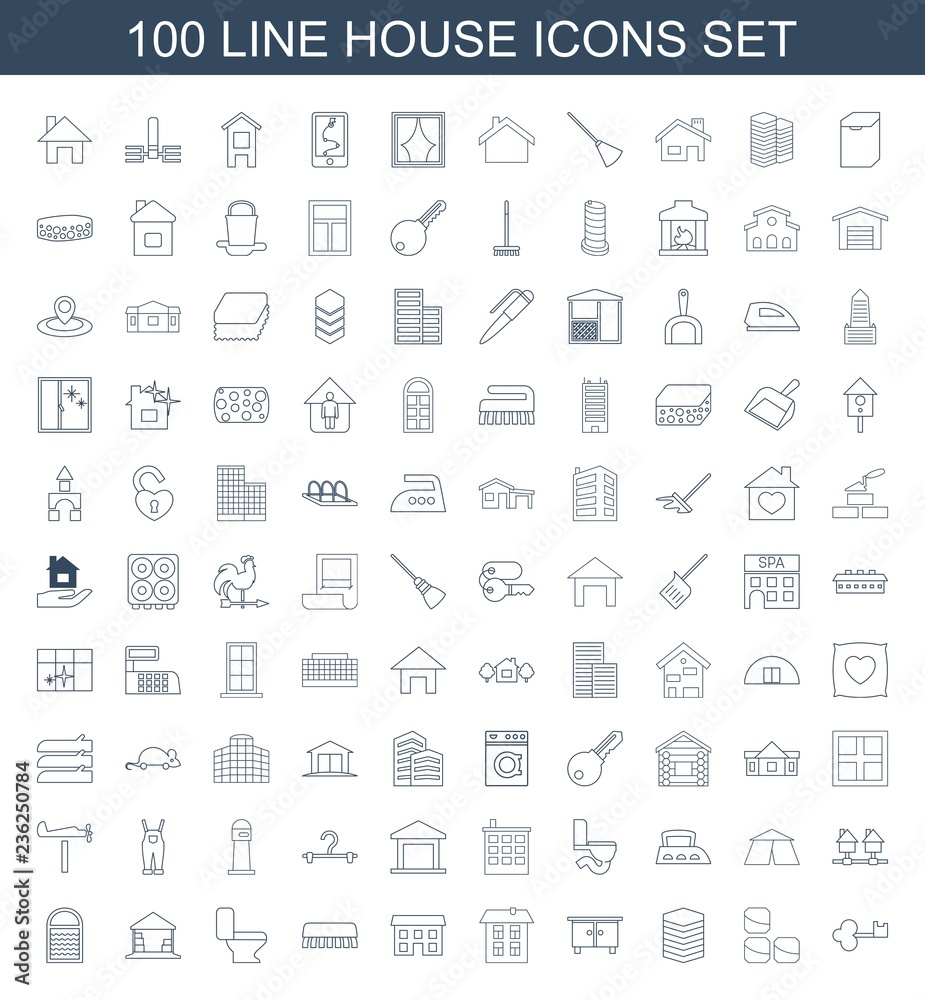 house icons. Set of 100 line house icons included key, brick wall ...