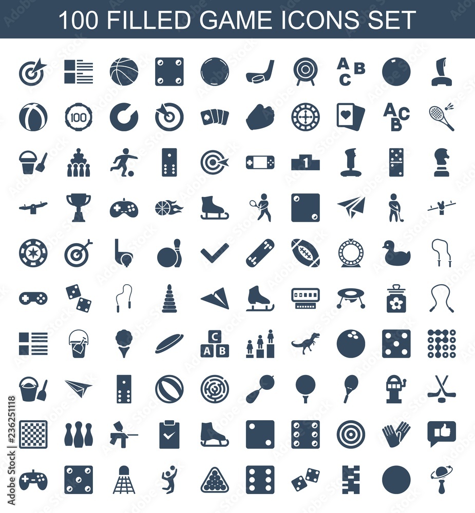 game icons. Set of 100 filled game icons included beanbag, dart, domino ...