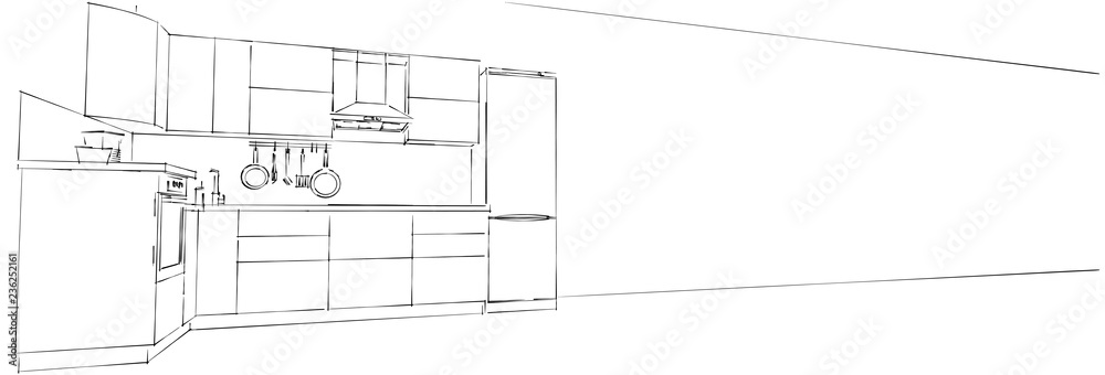 Outline 3d drawing of contemporary L-shape kitchen interior set on ...