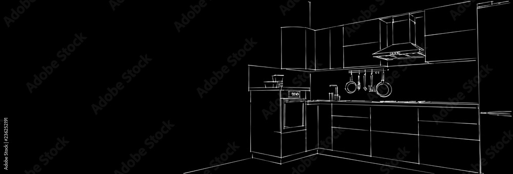 Geometry pencil drawing of modern L-shape corner kitchen interior on ...