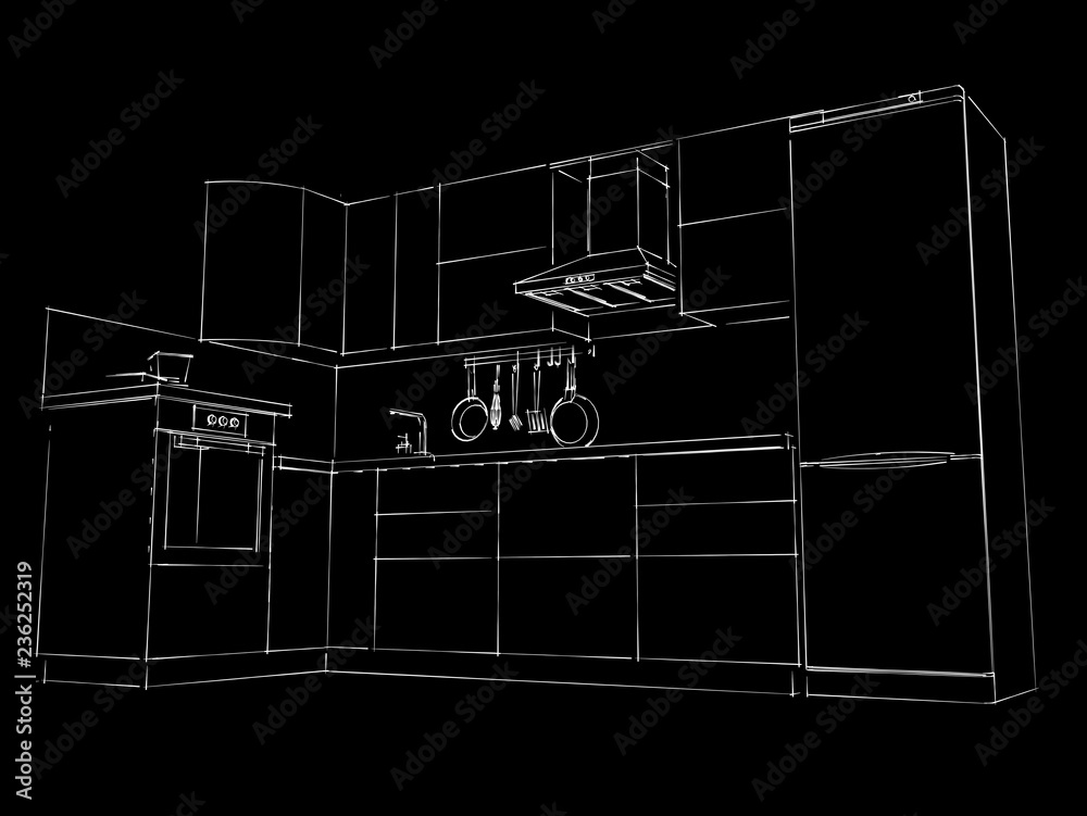 L-shaped kitchen sketch on a black background. Stock Illustration ...