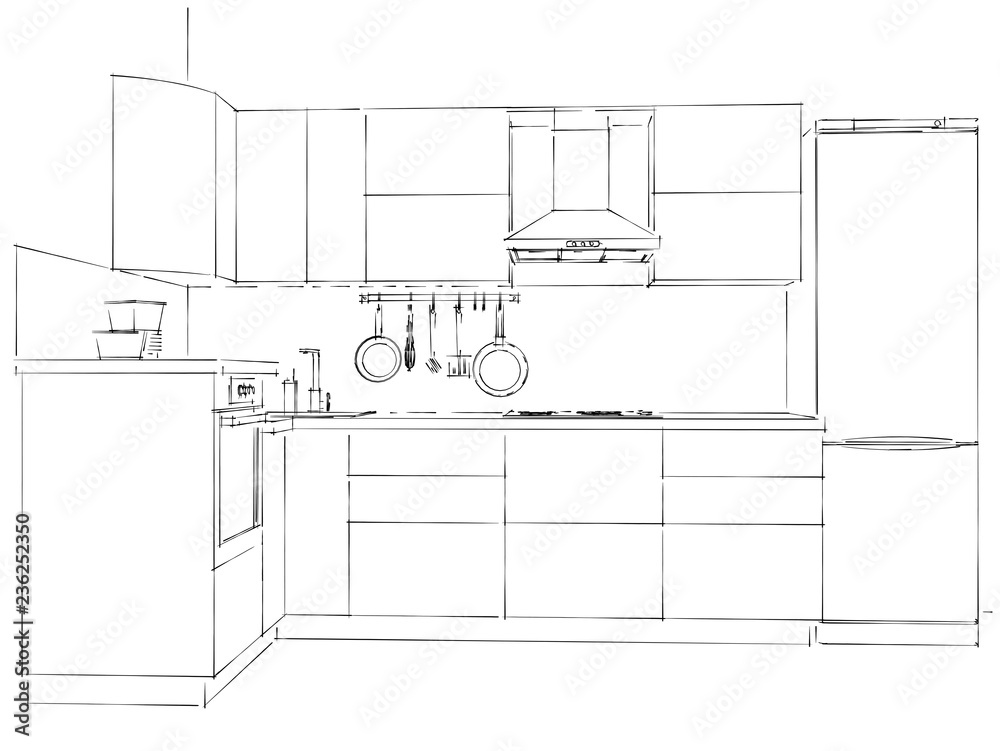 Kitchen facade interior outline drawing. Front view. Stock Illustration ...