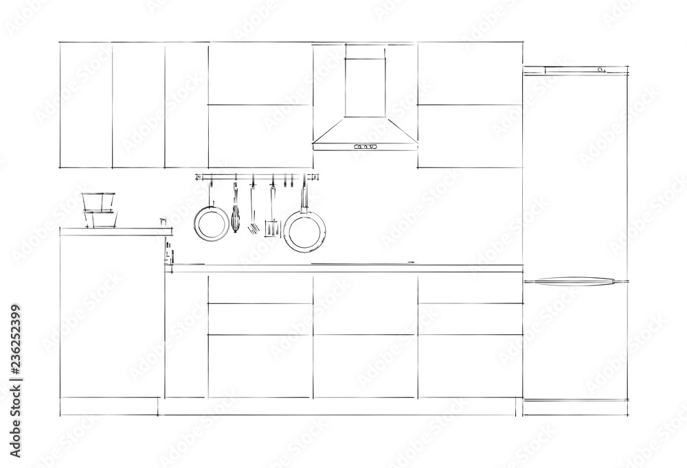 Modern kitchen facade. Outline sketch drawing on a white background ...