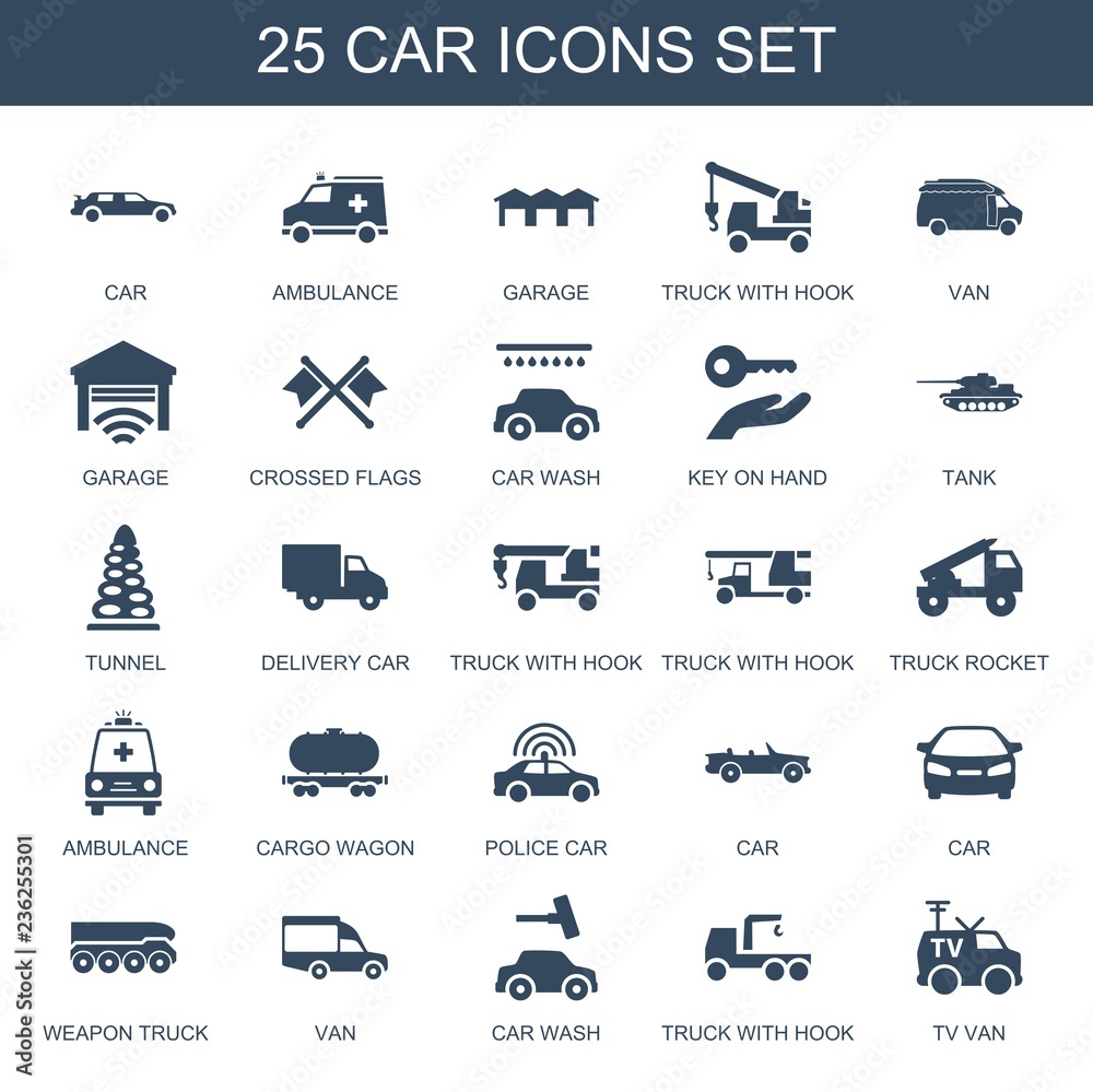 car icons. Set of 25 filled car icons included ambulance, garage, truck ...
