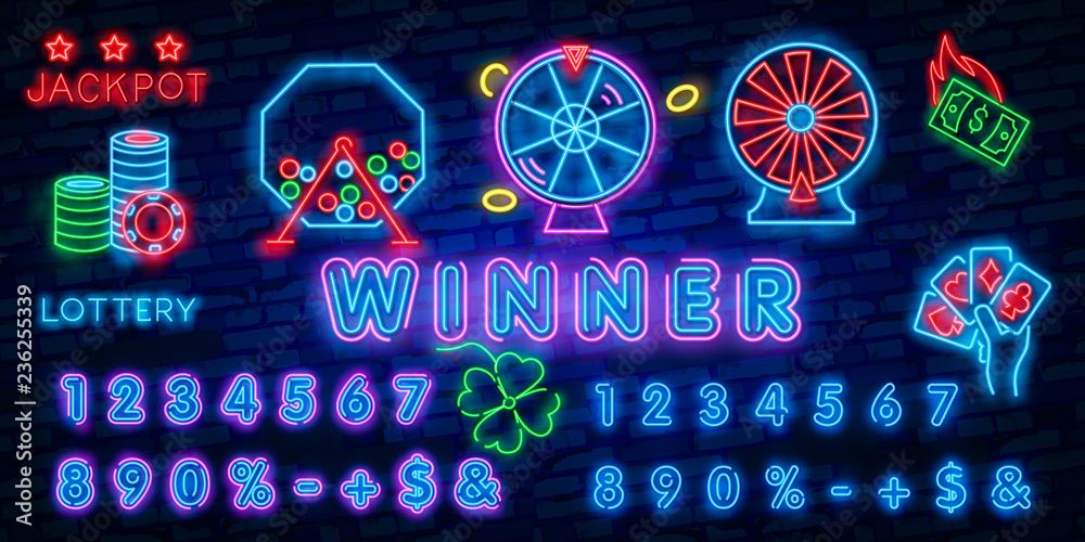 Vetor de Win the Lottery neon text vector design template. Lotto ...