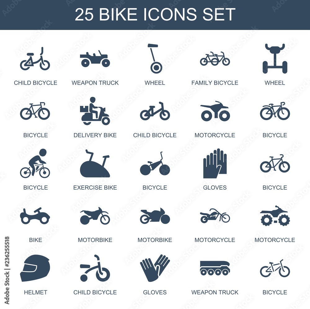 bike icons. Set of 25 filled bike icons included child bicycle, weapon ...