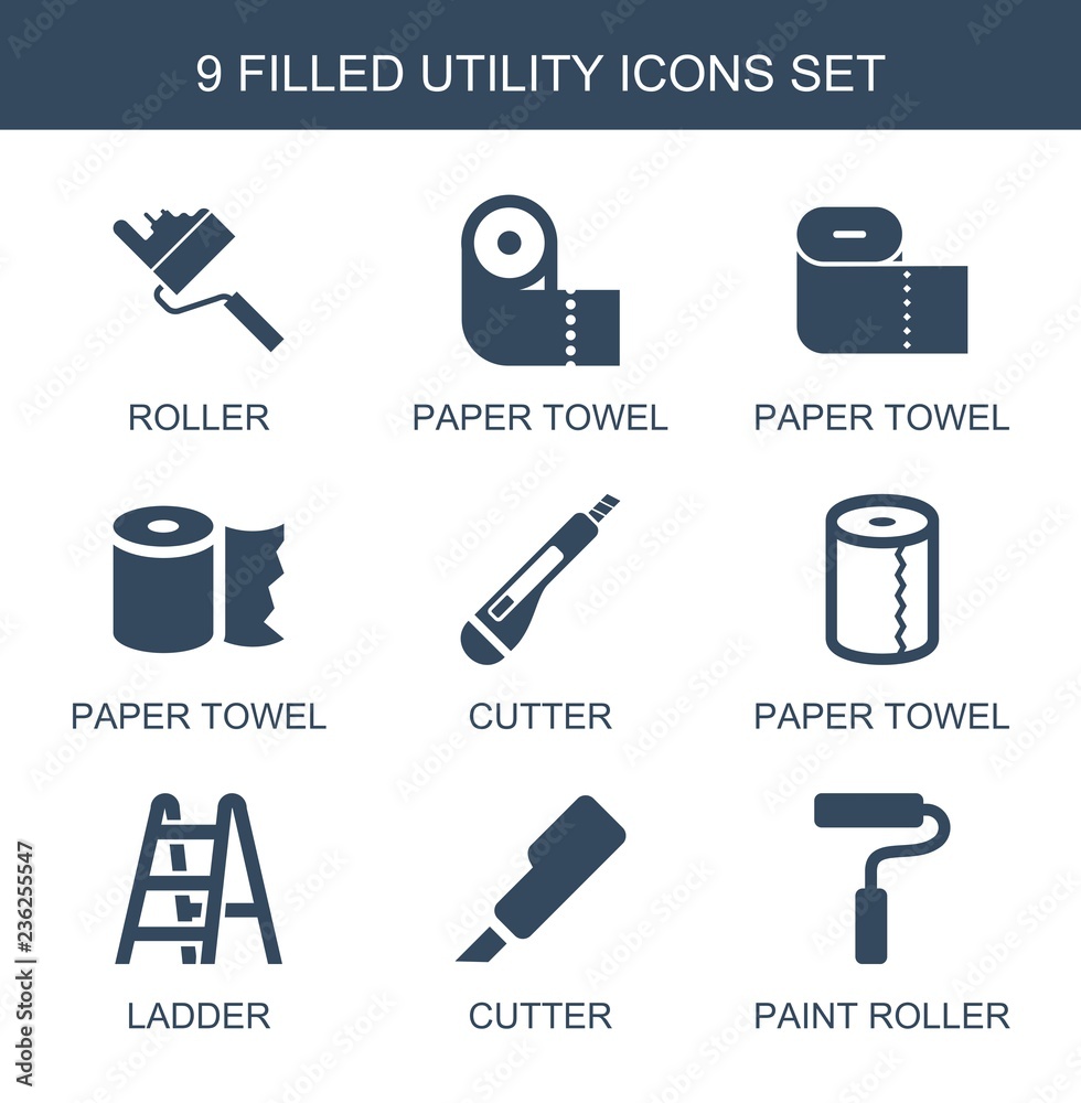 utility icons. Set of 9 filled utility icons included roller, paper ...