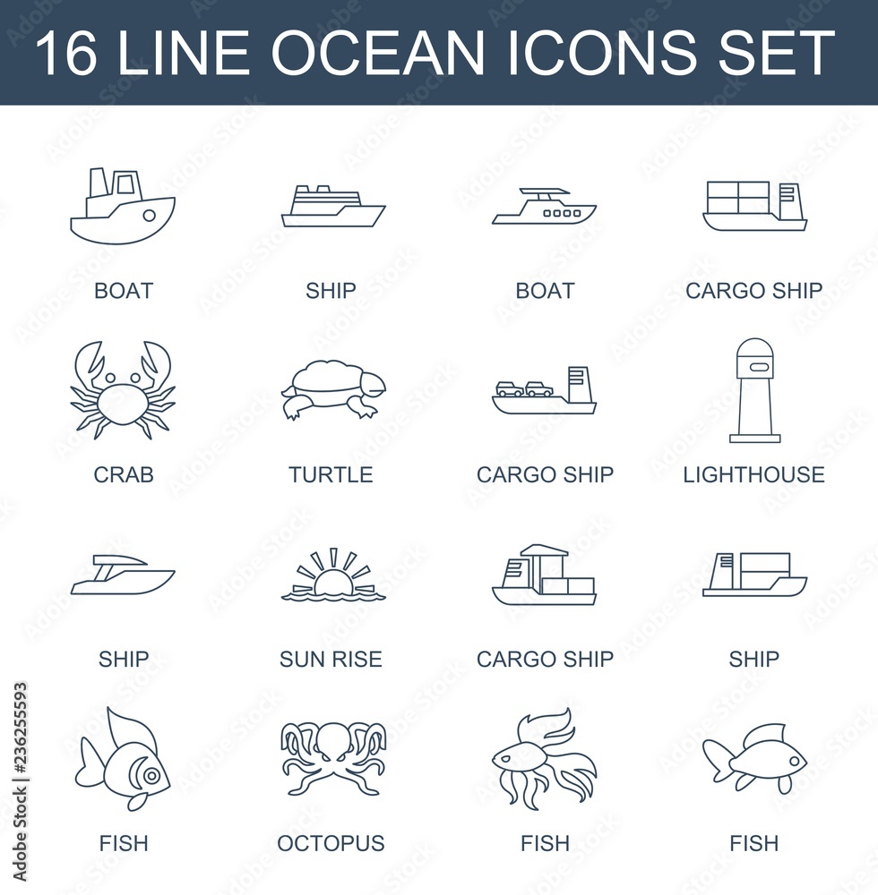 Vecteur Stock ocean icons. Set of 16 line ocean icons included boat ...