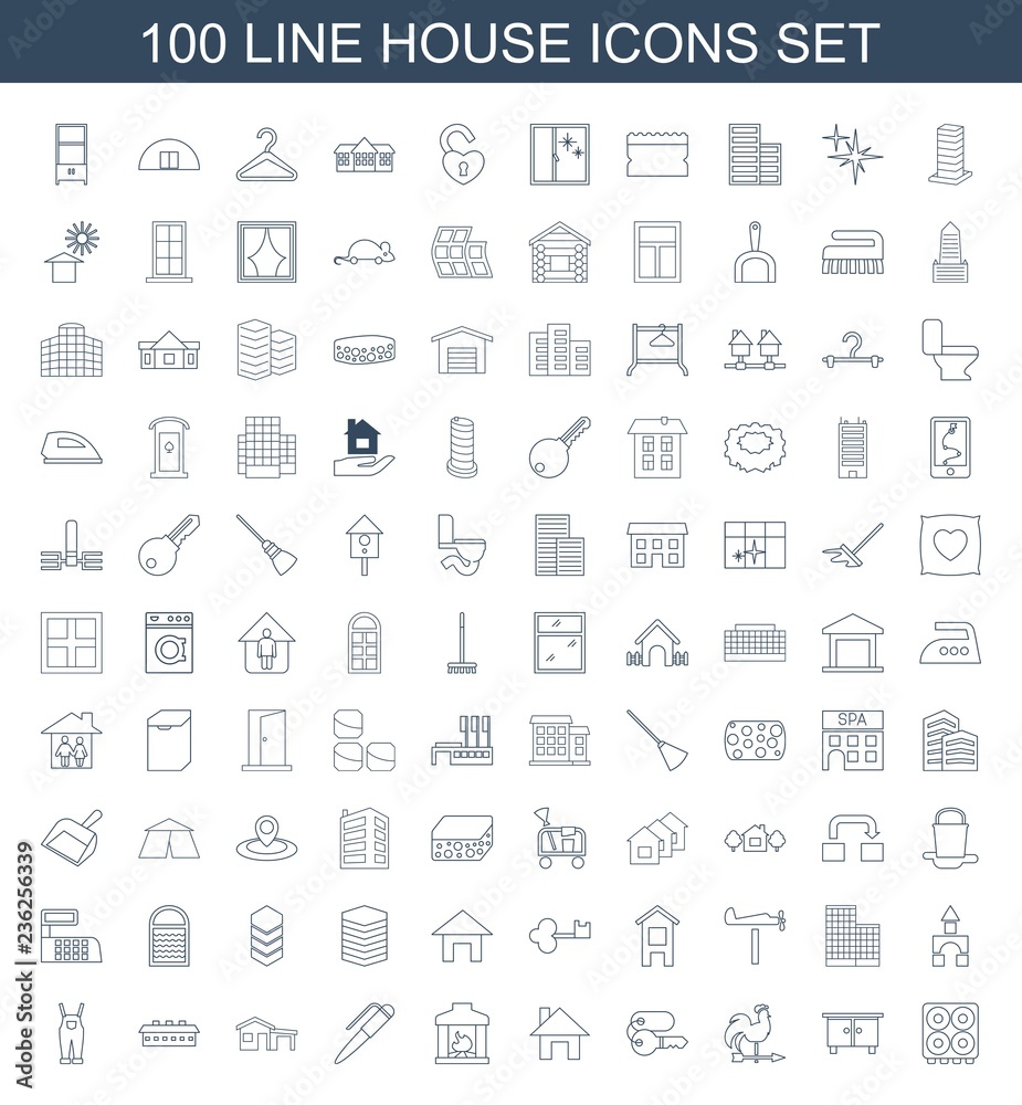 house icons. Set of 100 line house icons included cooker, beehouse ...