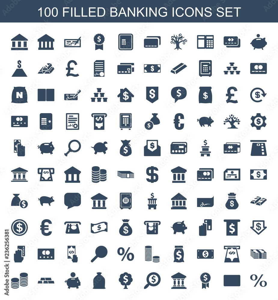 banking icons. Set of 100 filled banking icons included percent, credit ...