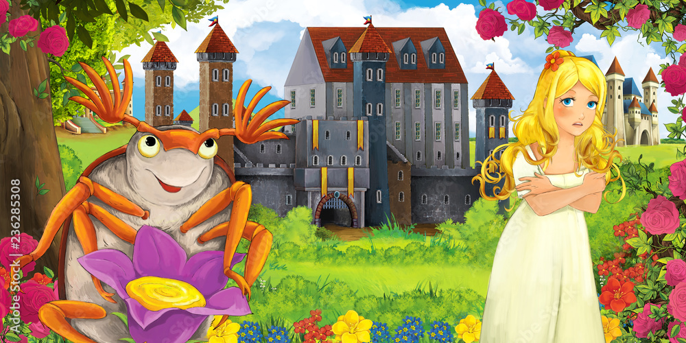 Cartoon nature scene with beautiful castles near the forest happy ...