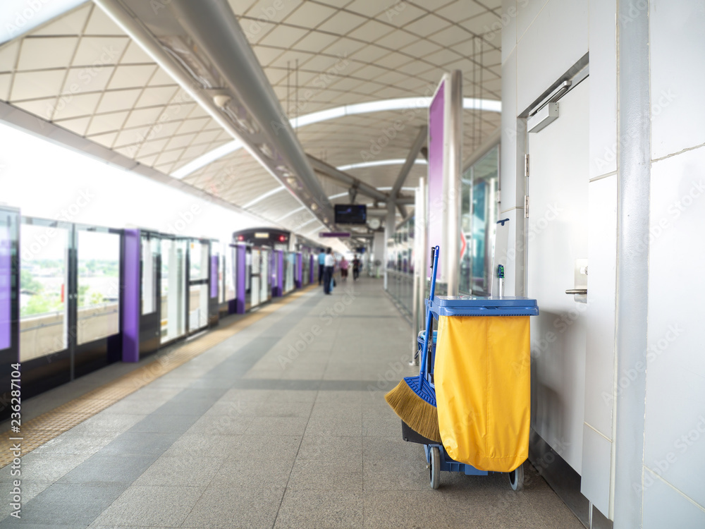 Cleaning tools cart wait for maid or cleaner in the subway (train ...