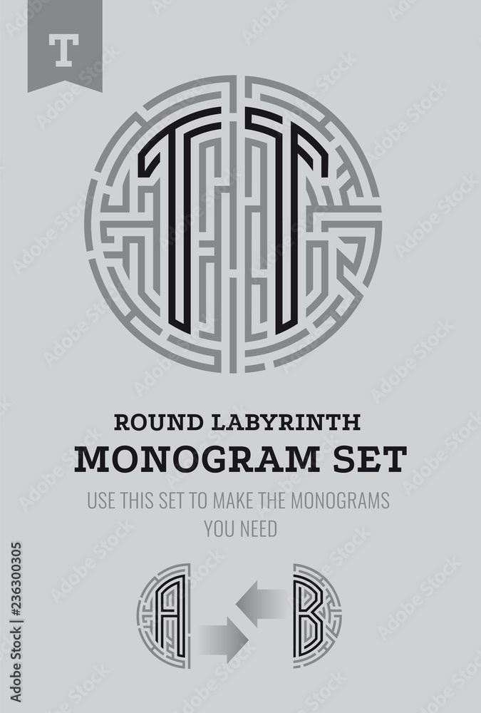 T letter maze. Set for the labyrinth logo and monograms, coat of arms ...