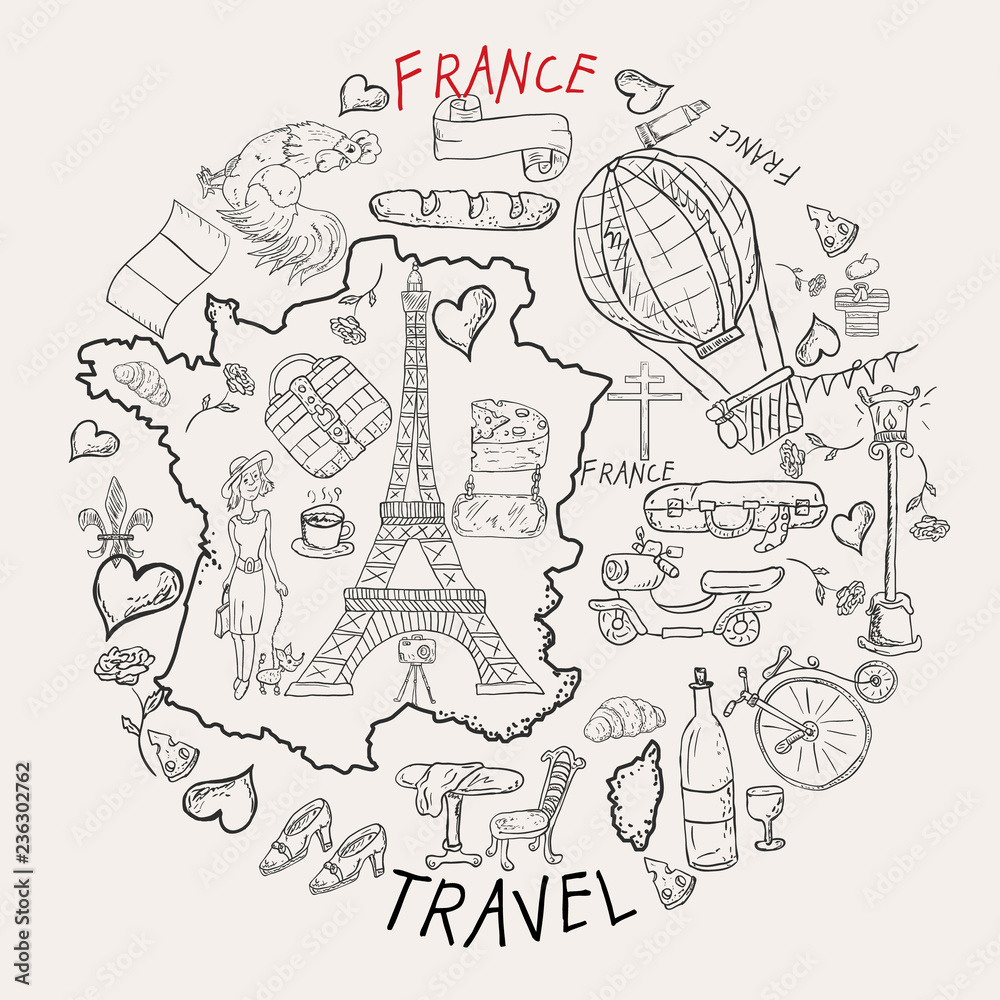 contour illustration, coloring, travel_2_to the country of Europe ...