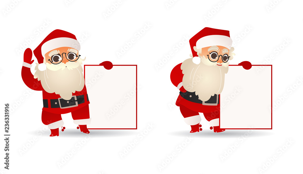 Vector illustration set of Santa Claus holding blank placards with copy ...