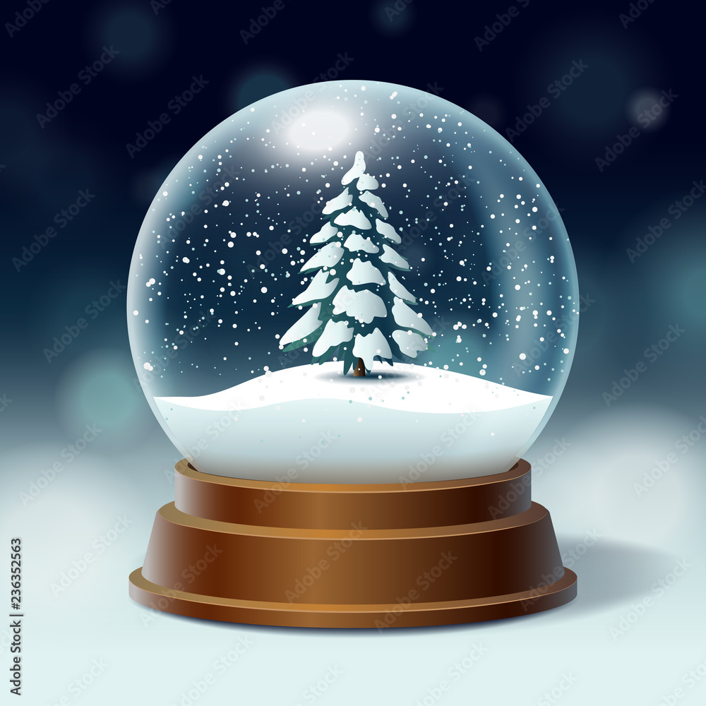 Crystal ball, snowball with snowy Christmas tree, spruce inside ...