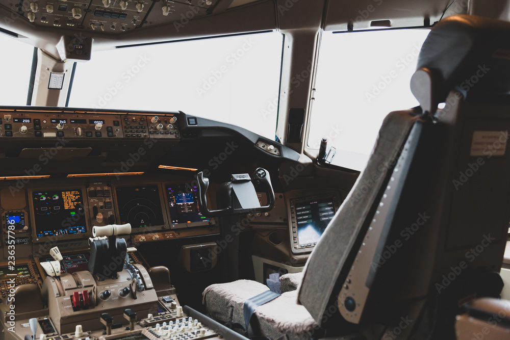 Inside of a cockpit, aircraft interior, cockpit view, pilot place ...