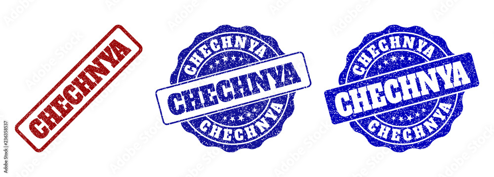 CHECHNYA scratched stamp seals in red and blue colors. Vector CHECHNYA ...