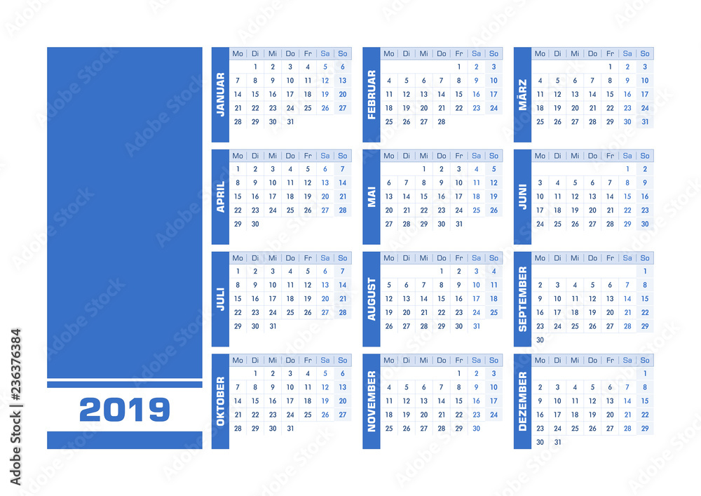 Blue 2019 German calendar. Vector illustration with blank space for ...