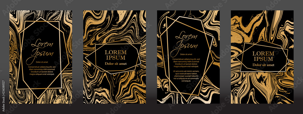 Gold marble texture and geometric frames on black backgrounds vector ...
