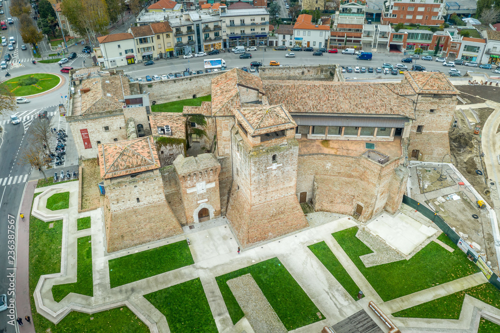 Aerial panorama view of the Adriatic beach town Rimini in the winter ...