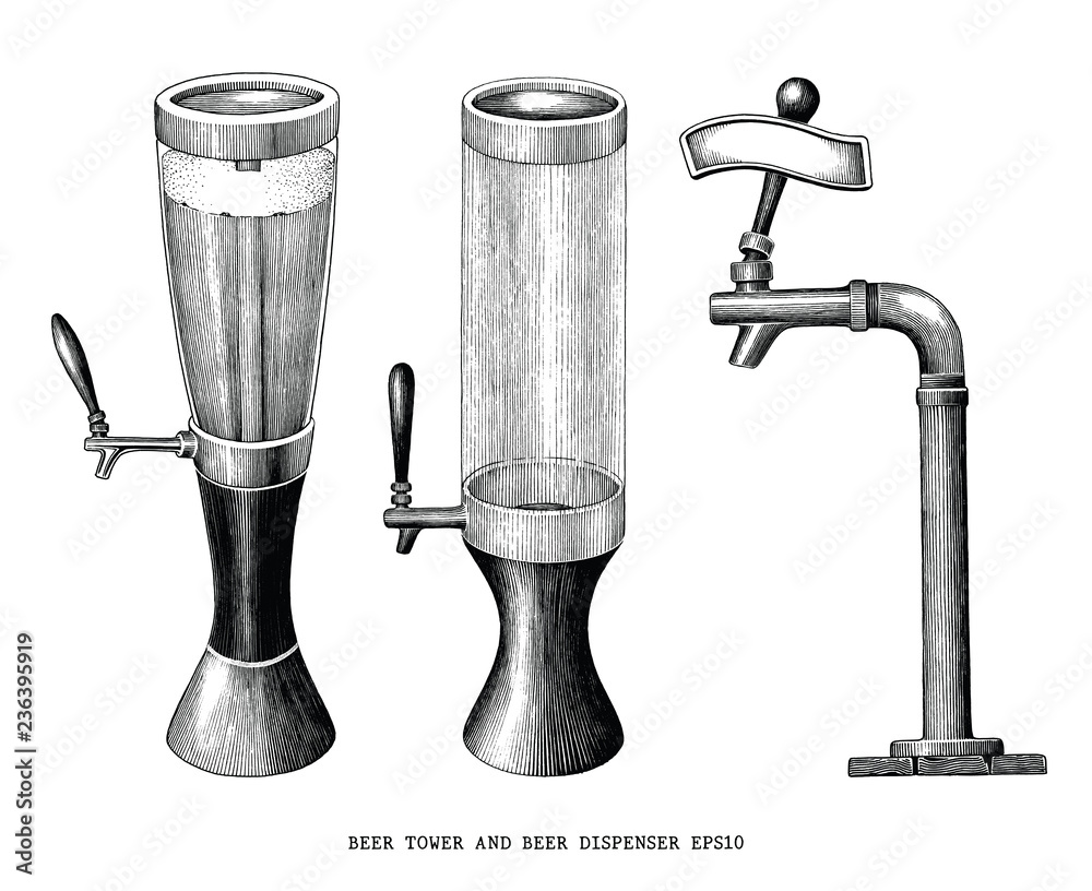 Beer tower and beer dispenser vintage hand draw engraving style ...
