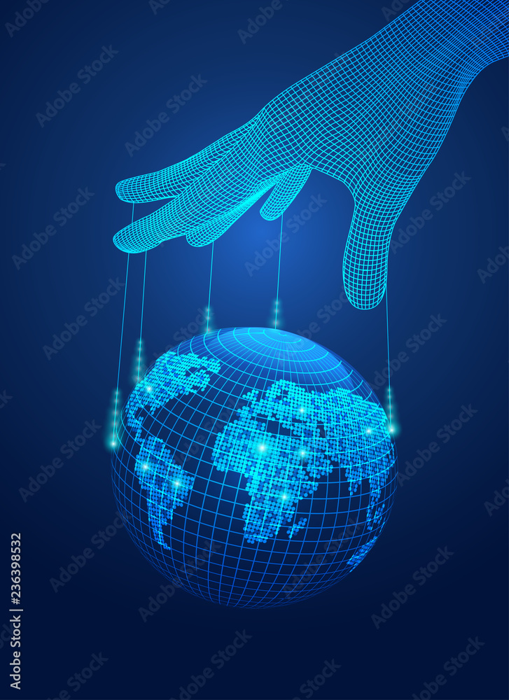 concept of power control, wireframe hand control digital global Stock ...