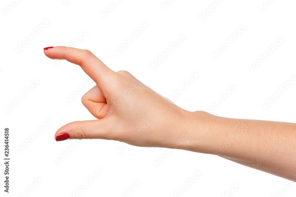 Female manicured hand measuring invisible items, woman's palm making ...