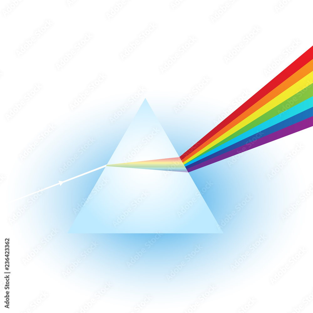 Vector illustration of a triangular transparent optical glass prism. Dispersion or refraction of ...